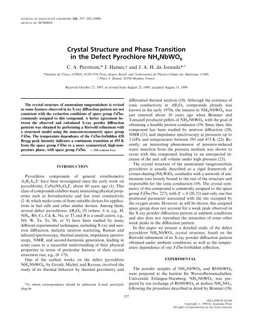 Crystal Structure and Phase Transition in the Defect Pyrochlore ...