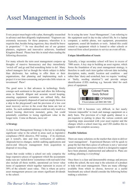 Asset Management in Schools - Peak Development Ltd.