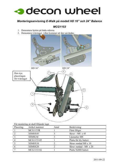 Monteringsanvisning E-Walk på modell HD 16” och 24 ... - Decon