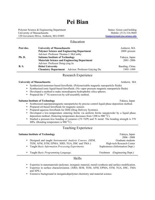 Resume PeiBian - Polymer Science and Engineering - University of ...