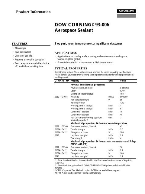DOW CORNINGÂ® 93-006 Aerospace Sealant Product Information