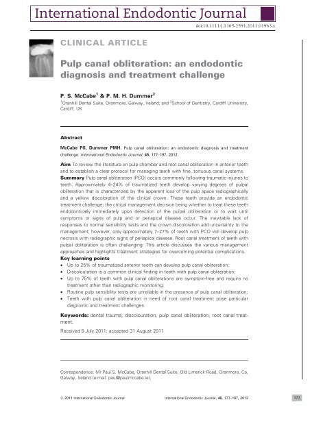 Pulp canal obliteration: an endodontic diagnosis and treatment ...