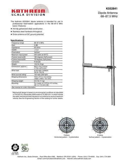 K552841 Dipole Antenna 68â 87.5 MHz - Kathrein Scala Division