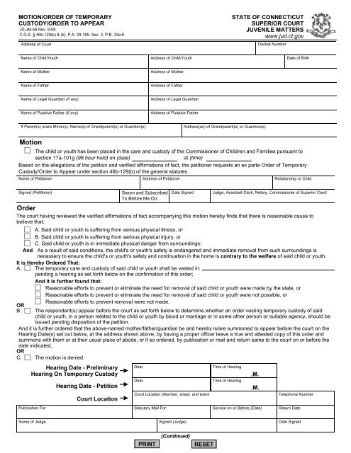 motion/order of temporary custody/order to appear - CT.gov