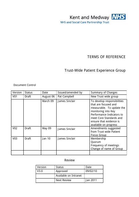 TERMS OF REFERENCE Trust-Wide Patient Experience Group