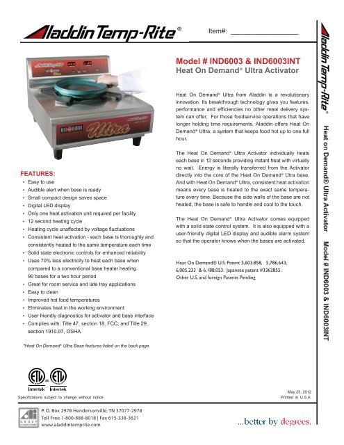 Model # IND6003 & IND6003INT - Aladdin Temp-Rite