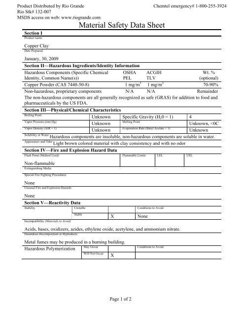 MSDS - Copper Metal Clay