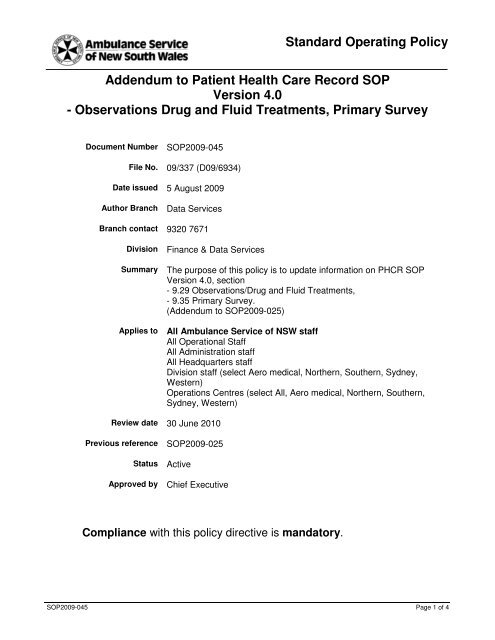 Standard Operating Policy Addendum to Patient Health Care ...