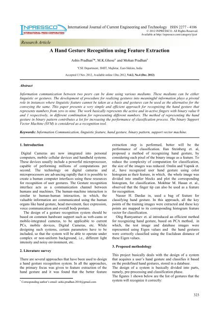 A Hand Gesture Recognition using Feature Extraction - Inpressco
