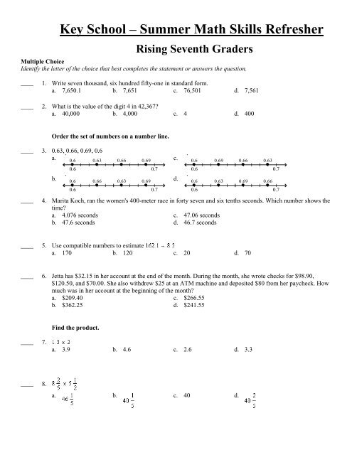 Math summer work: entering 7th grade - Key School