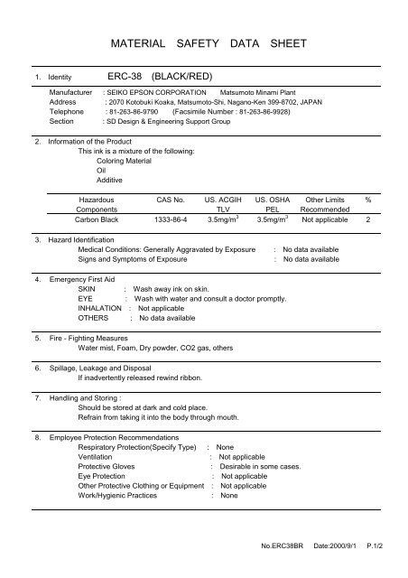 MATERIAL SAFETY DATA SHEET - Epson POS Printers