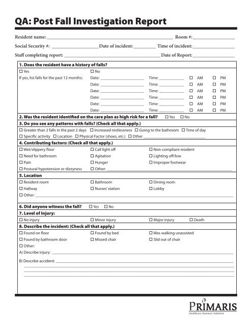 QA: Post Fall Investigation Report - Primaris