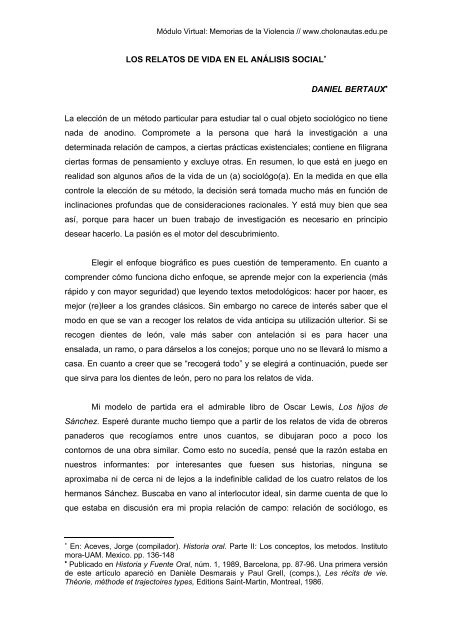 LOS RELATOS DE VIDA EN EL ANÃ LISIS SOCIAL,* - Cholonautas