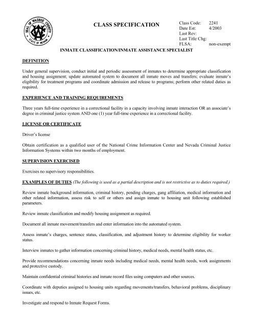 Inmate Assistance Program Specialist - Washoe County, Nevada