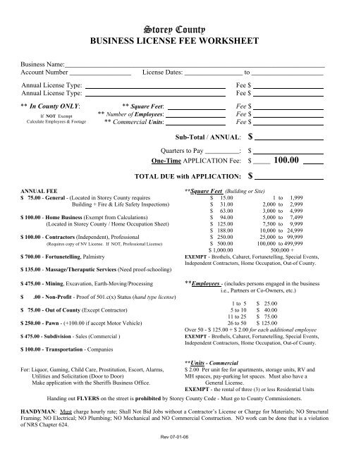 business license fee worksheet - Storey County!