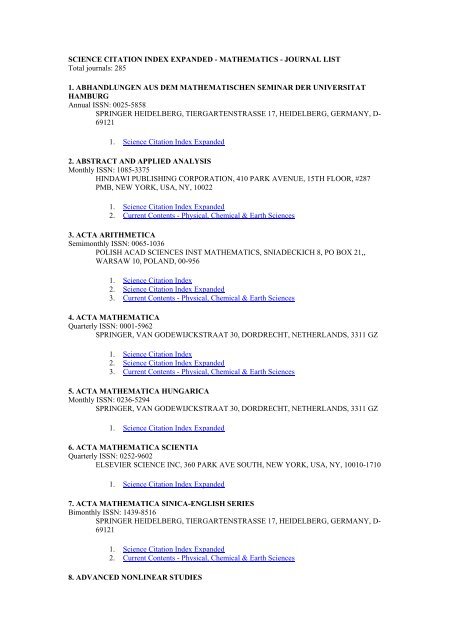 science citation index expanded - mathematics - journal list