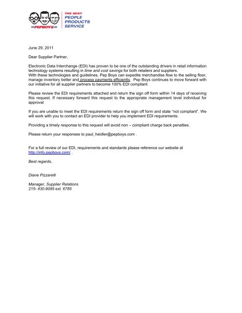 Special Order - PEP BOYS Merchandise Supply Chain