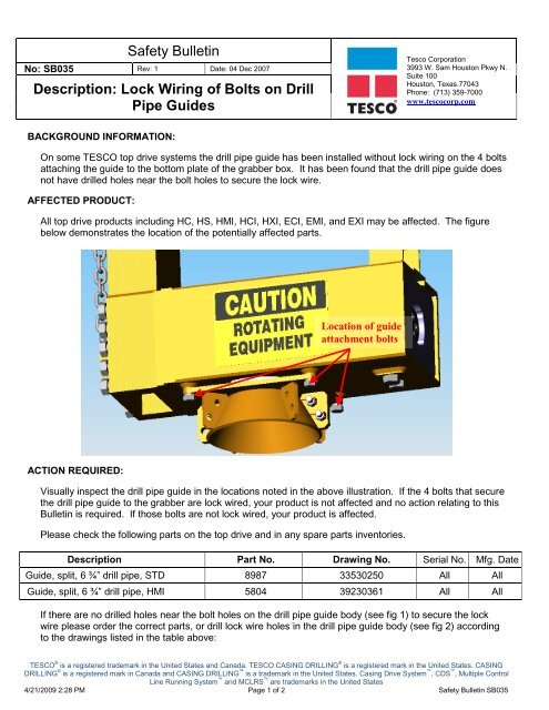 Lock Wiring of Bolts on Drill Pipe Guides(SB035) - TESCO Corporation