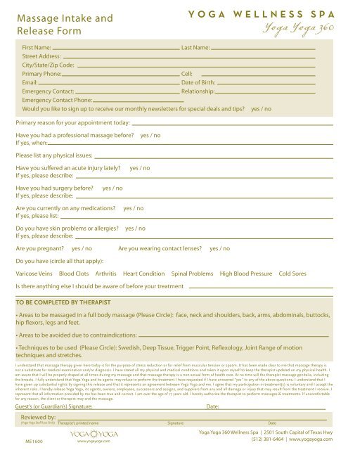 Massage Intake and Release Form - Yoga Yoga