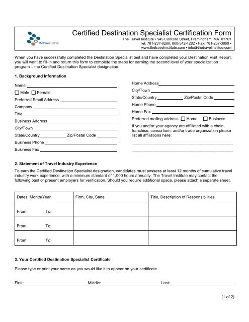 Certified Destination Specialist Certification Form - The Travel Institute