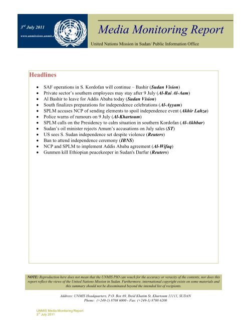 Media Monitoring Report - UNMIS