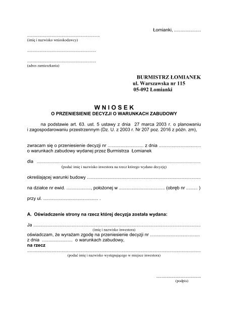 Wniosek o przeniesienie decyzji o warunkach zabudowy (pdf)