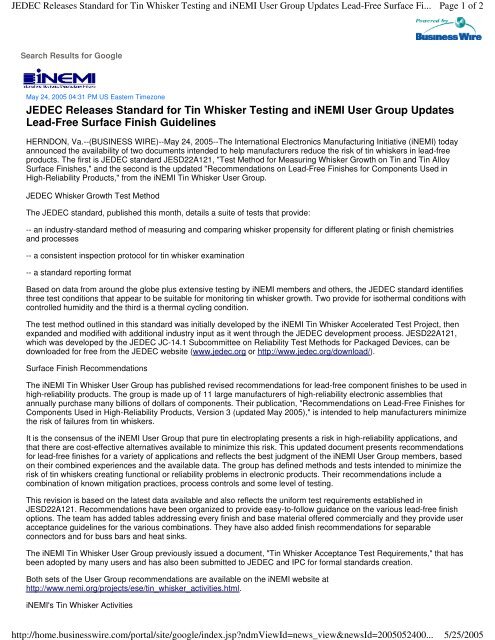 JEDEC Releases Standard for Tin Whisker Testing and ... - TTI Inc.