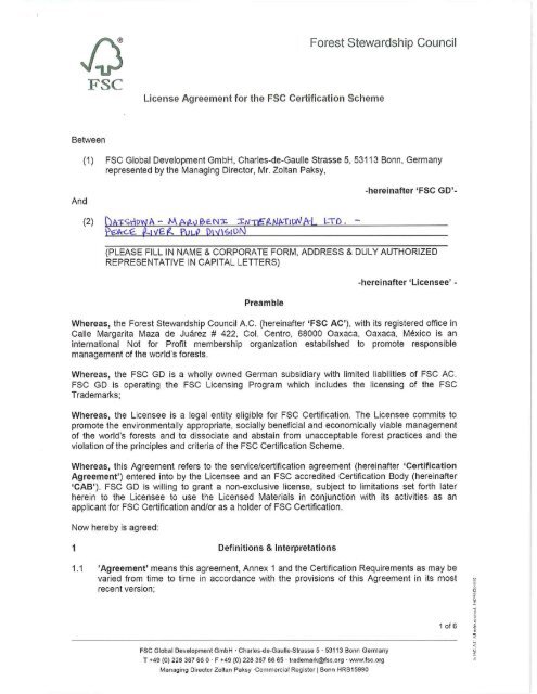 License Agreement for the FSC Certification Scheme