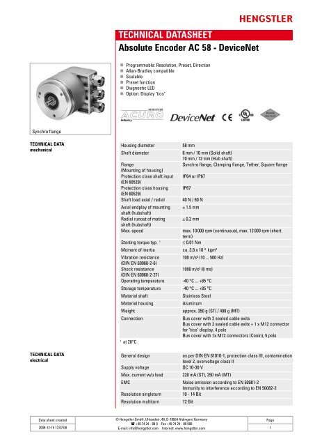 Hengstler AC58 DeviceNet Absolute Encoder Data Sheet