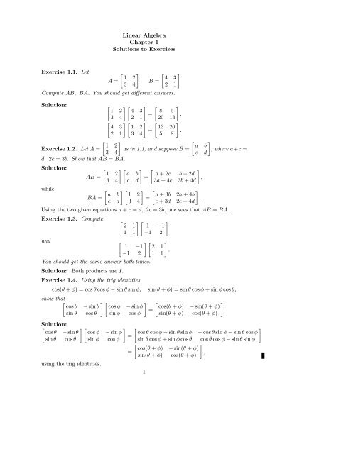 Linear Algebra Chapter 1 Solutions To Exercises Exercise 1 1 Let A