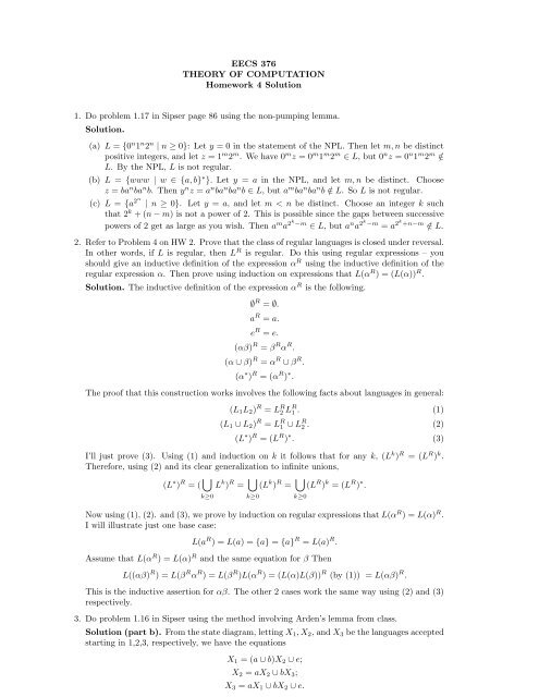 EECS 376 THEORY OF COMPUTATION Homework 4 Solution 1 ... EECS 376 THEORY OF COMPUTATION Homework 4 Solution 1 ...