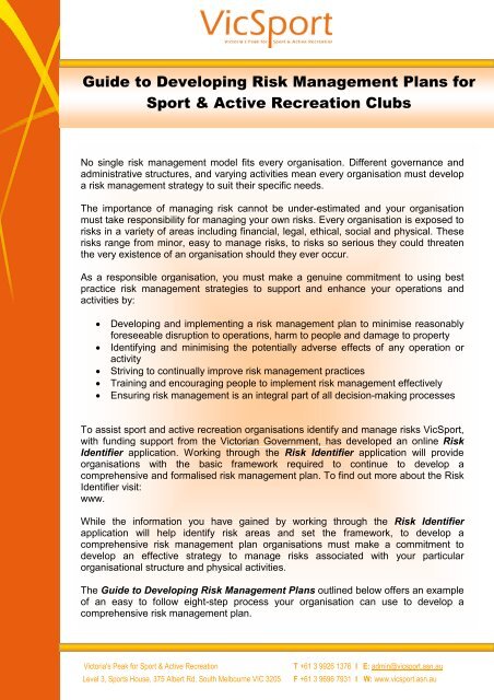 Guide to Developing Risk Management Plans for Sport ... - VicSport