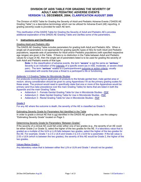 DAIDS Table for Grading the Severity of Adult and Pediatric Adverse ...
