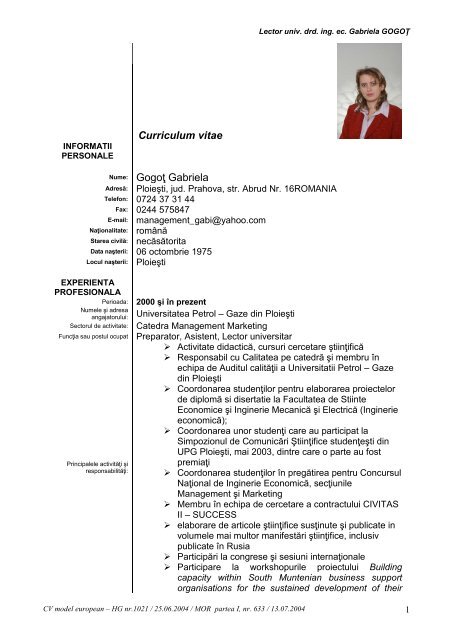 Curriculum vitae - Universitatea Petrol - Gaze din Ploiesti Curriculum vitae - Universitatea Petrol - Gaze din Ploiesti