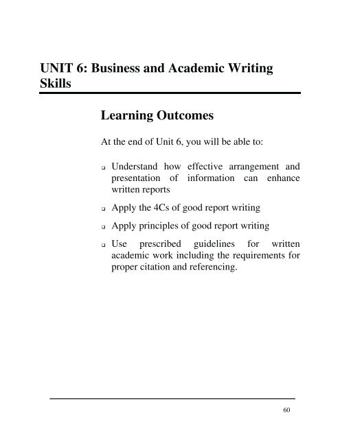 UNIT 6: Business and Academic Writing Skills Learning Outcomes UNIT 6: Business and Academic Writing Skills Learning Outcomes