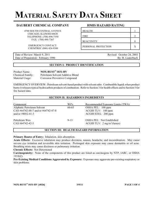 NOX RUST 1031-HV MSDS - Daubert Chemical Company, Inc.