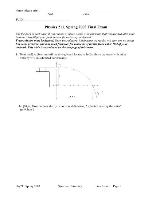 Physics 211, Spring 2003 Final Exam - Physics - Syracuse University