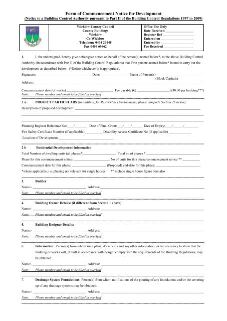 Form of Commencement Notice for Development - Wicklow.ie