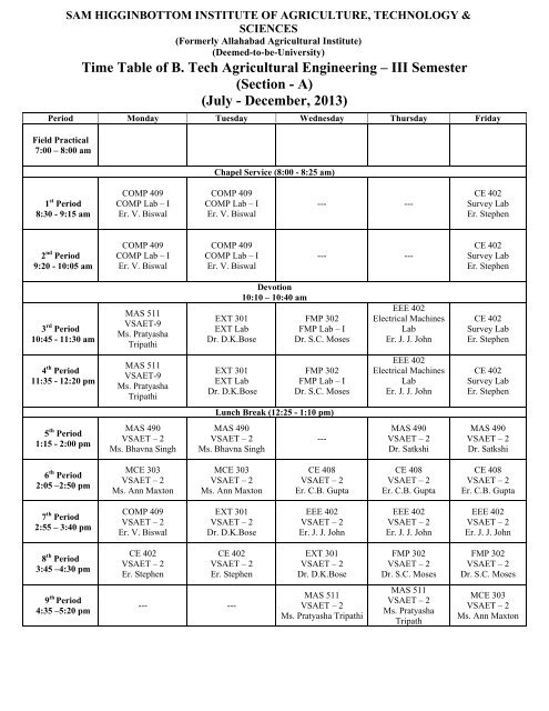 Time Table of B. Tech Agricultural Engineering â III ... - Shiats.edu.in