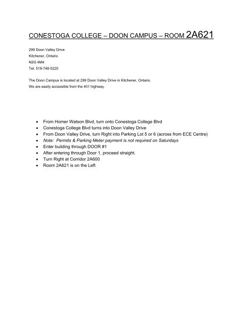 CONESTOGA COLLEGE â DOON CAMPUS â ROOM 2A621