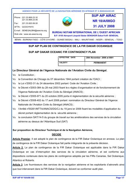 SUP AIP DAKAR - N° 10/08 GO - ais asecna