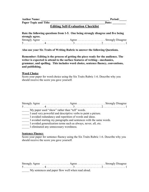 Editing Self Evaluation Checklist Worksheet 