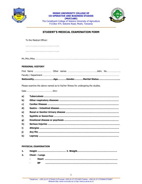 Medical Examination Form - Moshi University College Of Co ...