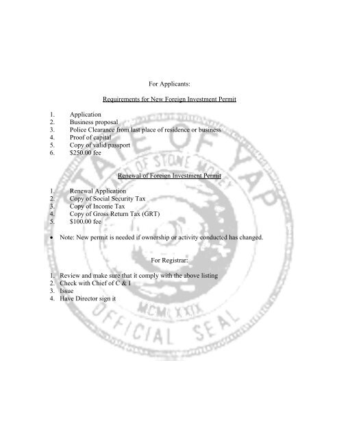 Foreign Investment Permit - Yap State Government