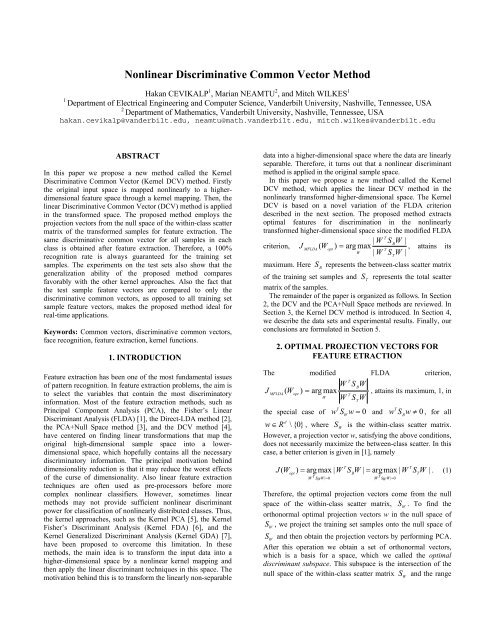 Nonlinear Discriminative Common Vector Method - ResearchGate