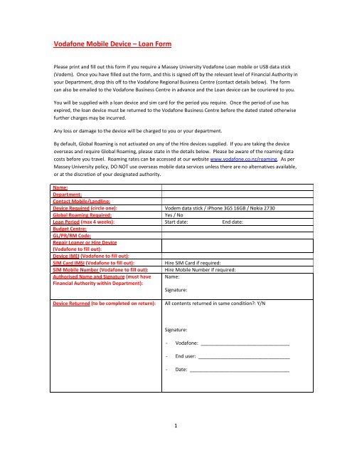 Vodafone Mobile Device â Loan Form - Allan Wilson Centre