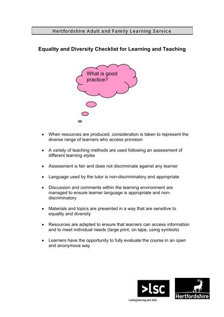 Equality and Diversity Checklist for Teaching and Learning