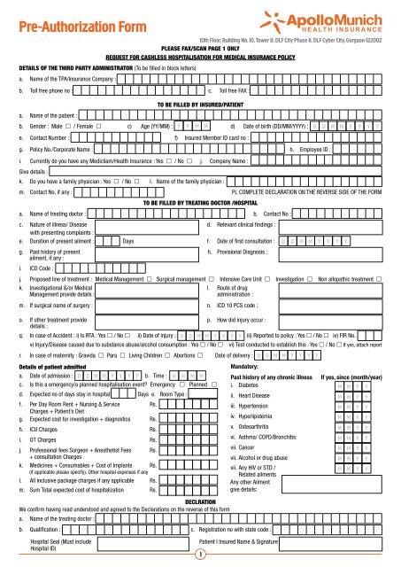 Pre Authorisation Form - Health Insurance