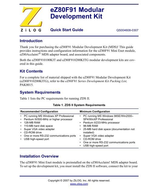 eZ80F91 Modular Development Kit Quick Start Guide