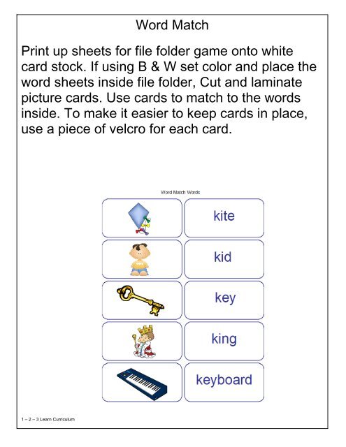Word Match Print up sheets for file folder game onto white card stock ...